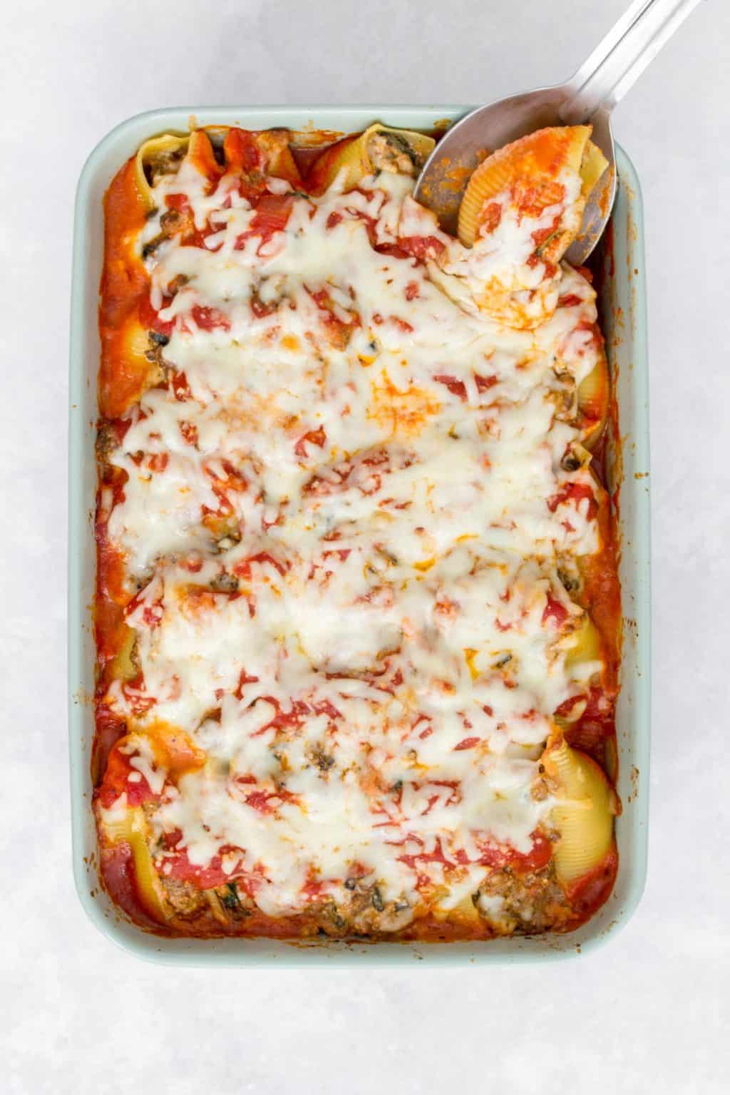 Easy Lasagna Stuffed Shells | Freezer Friendly Pasta Bake